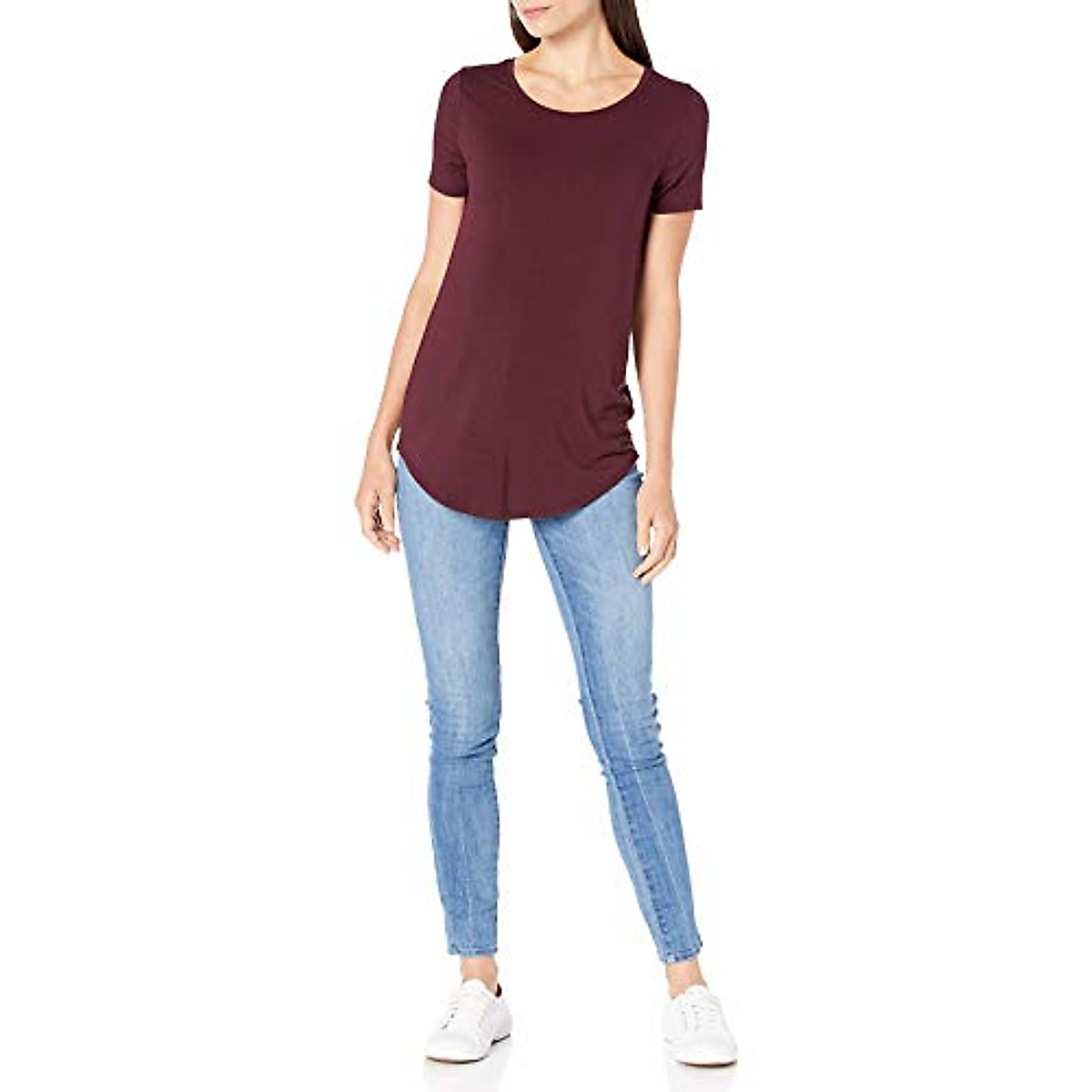 Amazon Essentials Women's Short-Sleeve Scoopneck Tunic, Pack of 2, Black/Burgundy, Medium