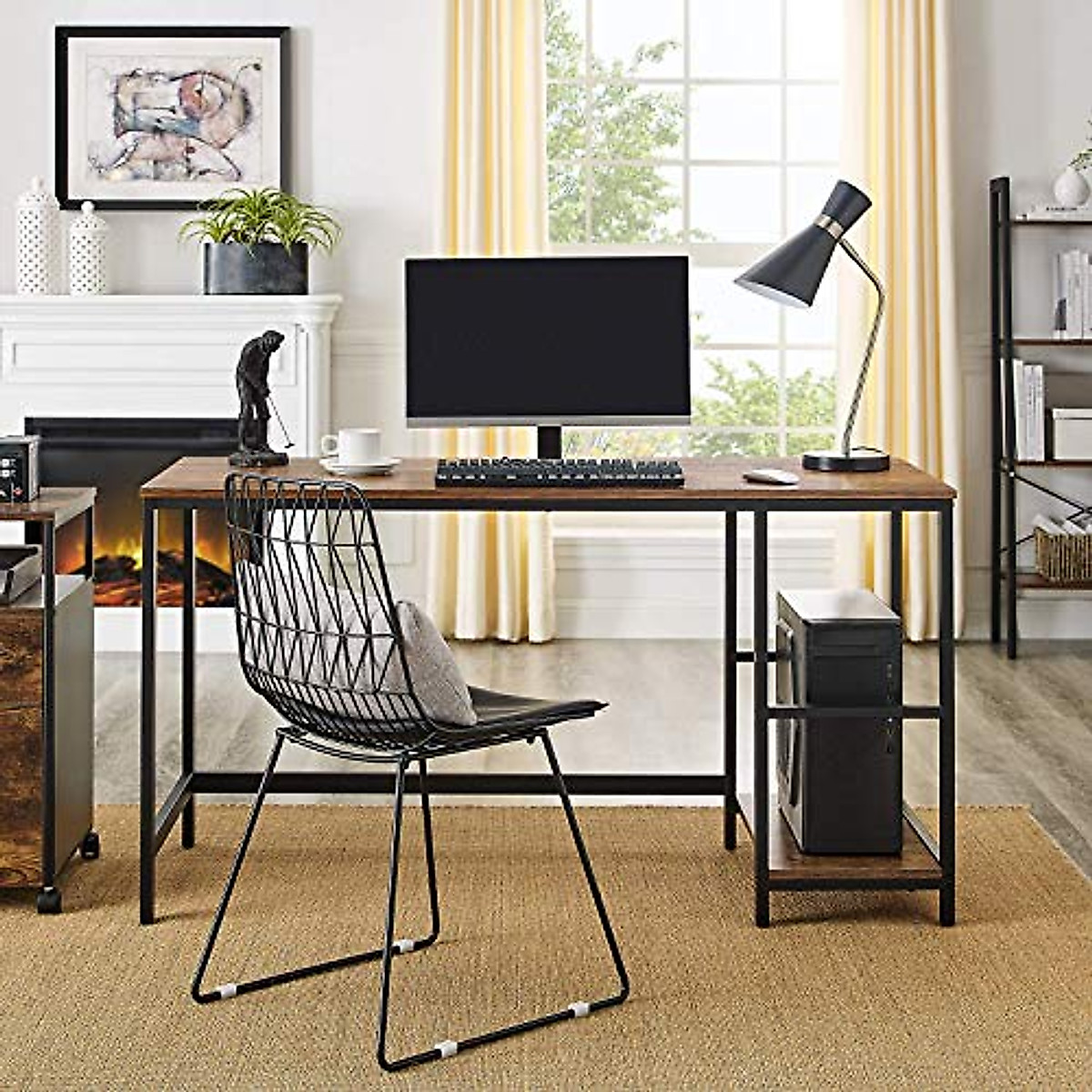 VASAGLE Computer Desk and 4-Tier Storage Shelf Bundle, 55 Inch Writing Desk with 2 Storage Shelves, Ladder Shelf with X-Bar, Steel Frame, Rustic Brown and Black ULWD55X and ULLS44X
