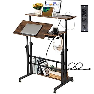 Hadulcet Mobile Standing Desk Adjustable Height, Rolling Desk Stand Up Desk, Mobile Laptop Desk, Rolling Computer Desk with Charging Station, Portable Desk with Wheels, Rustic Brown