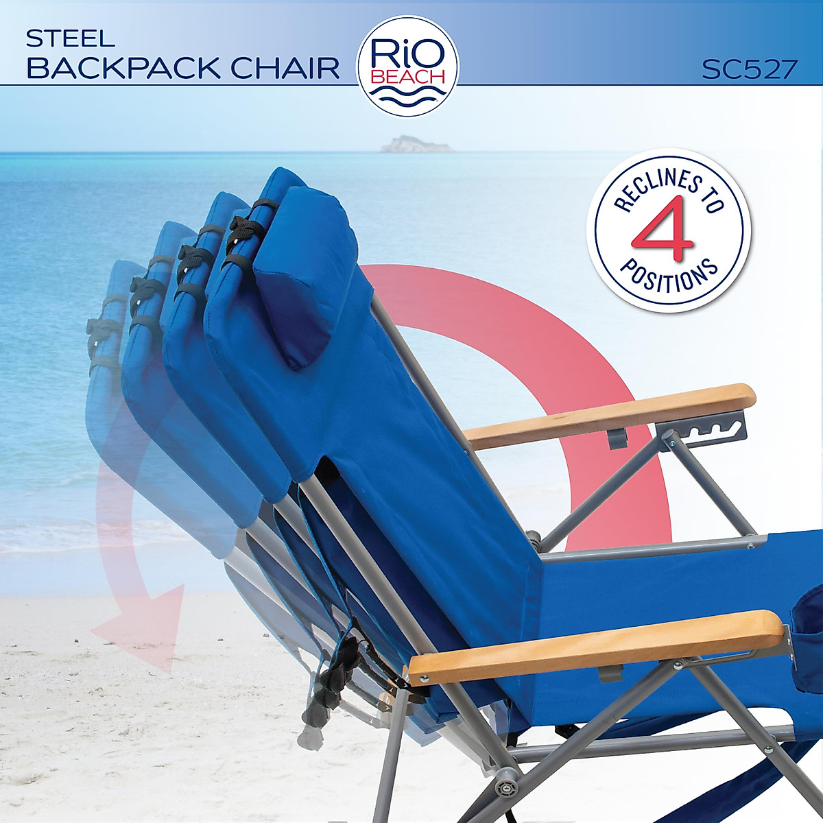 Rio Beach Original 4-Position Steel Backpack Chair with Pillow, Hands-Free Beach Chair Backpack for Adults, Navy
