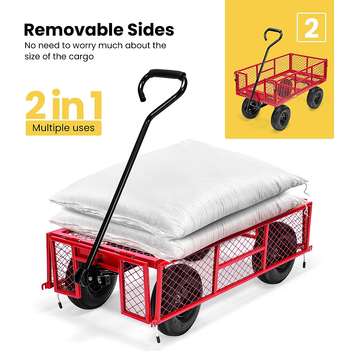 VIVOHOME Heavy Duty 880 Lbs Capacity Mesh Steel Garden Cart Folding Utility Wagon with Removable Sides and 4.10/3.50-4 inch Wheels (Red)
