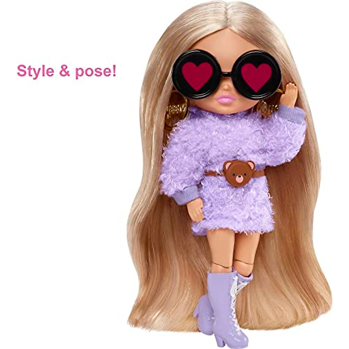Barbie Extra Minis Doll #4 (5.5 in) Wearing Fluffy Purple Fashion, with Doll Stand & Accessories Including Teddy Ears and Sunglasses, Gift for Kids 3 Years Old & Up​