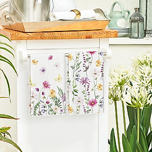 Artoid Mode Pink Yellow Flowers Spring Kitchen Towels Dish Towels, 18x26 Inch Summer Leaves Holiday Decoration Hand Towels Set of 2