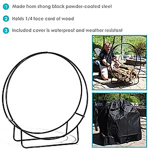 Sunnydaze Outdoor Firewood Log Hoop and Cover Set - Powder-Coated Steel Rack and PVC Cover - Black - 40-Inch