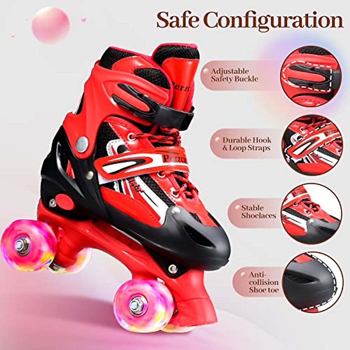 Perzcare Roller Skates for Girls/Boys, Kids Roller Skates for Daughter/Granddaughter/Son/Grandson Outdoor/Indoor Adjustable 4 Sizes with Light Up Wheels for Beginner