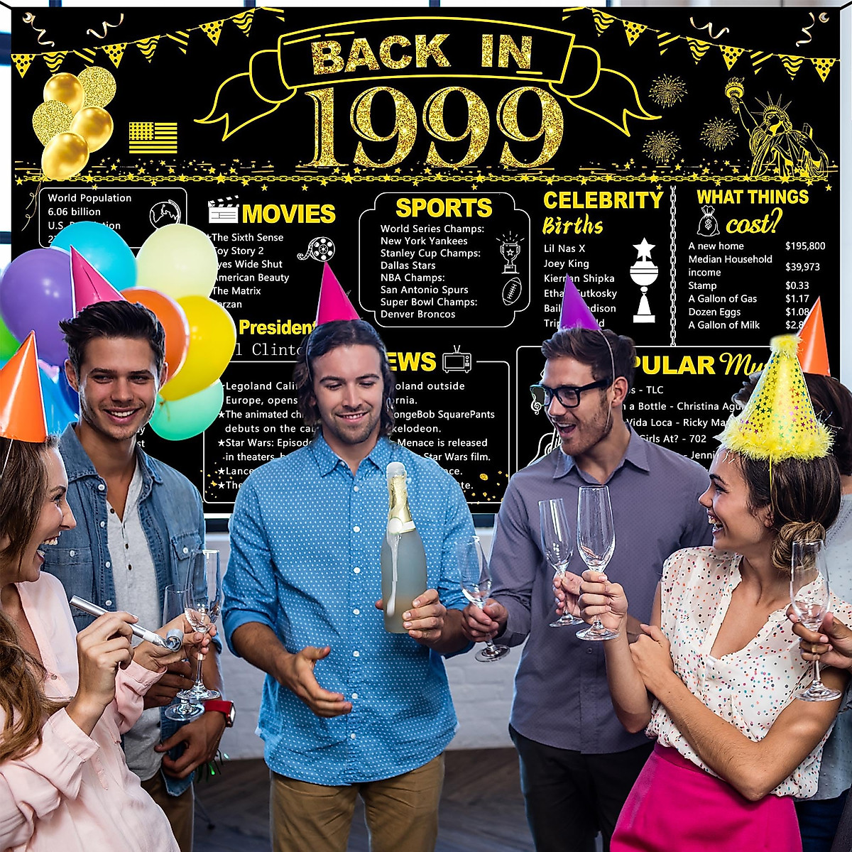 DARUNAXY 25th Birthday Black Gold Party Decoration, Back in 1999 Banner 25 Year Old Birthday Party Poster Supplies Vintage 1999 Backdrop Photography Background for Men & Women 25th Class Reunion Decor