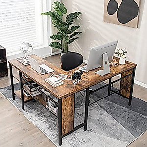 Tangkula L-shaped Office Desk, 59 Inch Large Corner Desk, Full-length Open Shelf & 2-Tier Side Shelves, Home Office Desk, Writing Desk Computer Workstation for Working, Studying, Gaming (Rustic Brown)