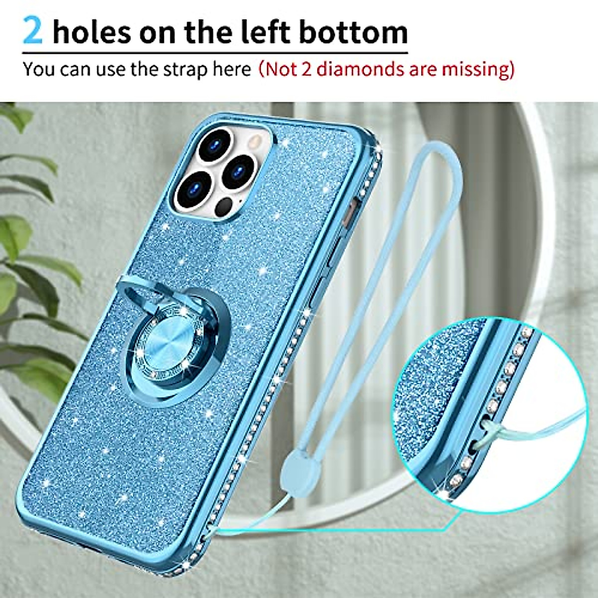 OCYCLONE iPhone 13 Pro Max 6.7" Glitter Case - Sparkle Diamond Cover with Ring Stand for Women & Girls - Blue