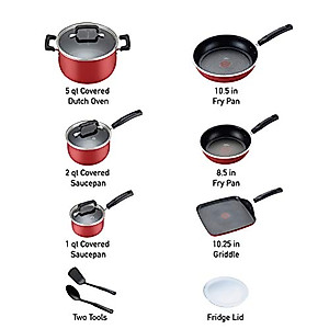 T-fal Signature Titanium Advancend Nonstick Pots and Pans Cookware Set, 12 Piece, Red
