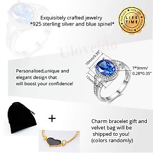 Uloveido Sterling Silver Oval Shape Blue Spinel Rings for Women Wedding Engagement Anniversary Jewelry FJ043