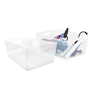 Isaac Jacobs 3-Pack XL Clear Storage Bins (12” L x 11.1” W x 7” H) with Cutout Handles, Plastic Organizer for Home, Office, Kitchen, Fridge/Freezer, Drawers, BPA Free, Food Safe (3-Pack, Extra-Large)