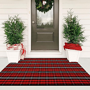 KIMODE Christmas Door Mat Outdoor 35"x59",Red and Black Buffalo Plaid Rug,Washable Cotton Hand-Woven Layered Door Mats,Reversible Outdoor Christmas Decor for Front Porch,Entryway,Kitchen
