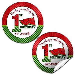 Red Watermelon 1st Birthday Party Thank You Sticker Labels, 40 2" Party Circle Stickers by AmandaCreation, Great for Party Favors, Envelope Seals & Goodie Bags