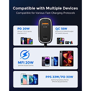 [Apple MFi Certified] iPhone Car Charger, Built-in 5.7FT Lightning Cable for iPhone 15/14/13/12/Max/XR/X/8/7/iPad, 71W 3-Ports PD30W Car Charging Adapter for Samsung Galaxy S23/S22/S21, Google Pixel