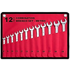 12-Piece Metric Combination Wrench Set in Roll-up Pouch, Non-Skip Sizes 8mm - 19mm | Chrome Vanadium Steel with Mirror Finish | Ideal for General Household, Garage Workshop, Auto Repairs and Much More