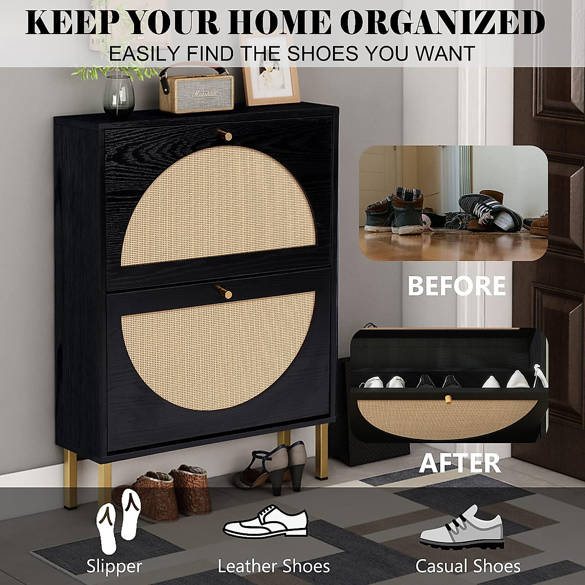 Yoluckea Rattan Shoe Cabinet with 2 Flip Drawers for Entryway Modern Wooden Shoe Rack Shoe Storage Cabinet Free Standing Shoe Rack for Heels Slippers for Entryway Hallway Bedroom Small Space (Black)