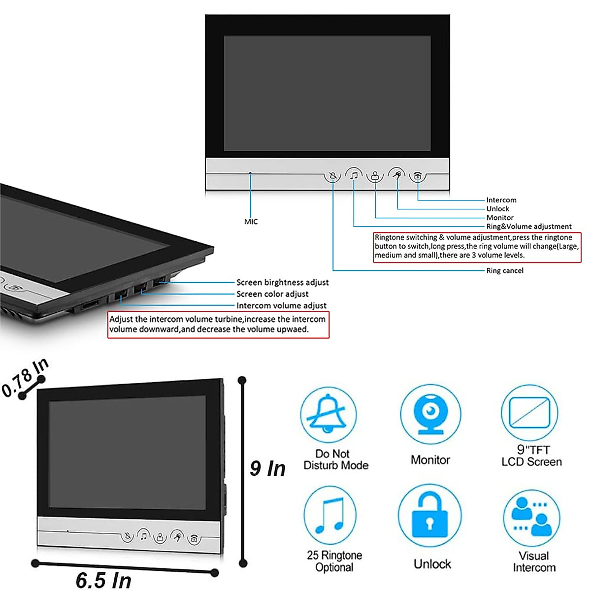 9inch Wired Video Intercom System with Camera and Monitor Doorbell,Doorbell Camera with Monitor Supports Unlocking,Monitoring,Dual-Way Intercom for Villa Home Office Apartment