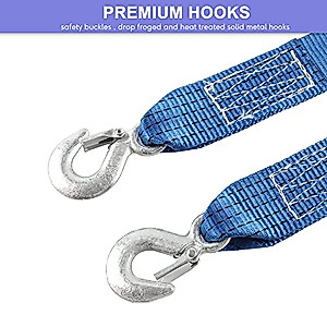Nylon Tow Strap with Hooks, 2Pack 2Inch x 13Ft Recovery Rope 10,000LB Heavy Duty Towing Rope for Towing Vehicles in Roadside Emergency,Blue