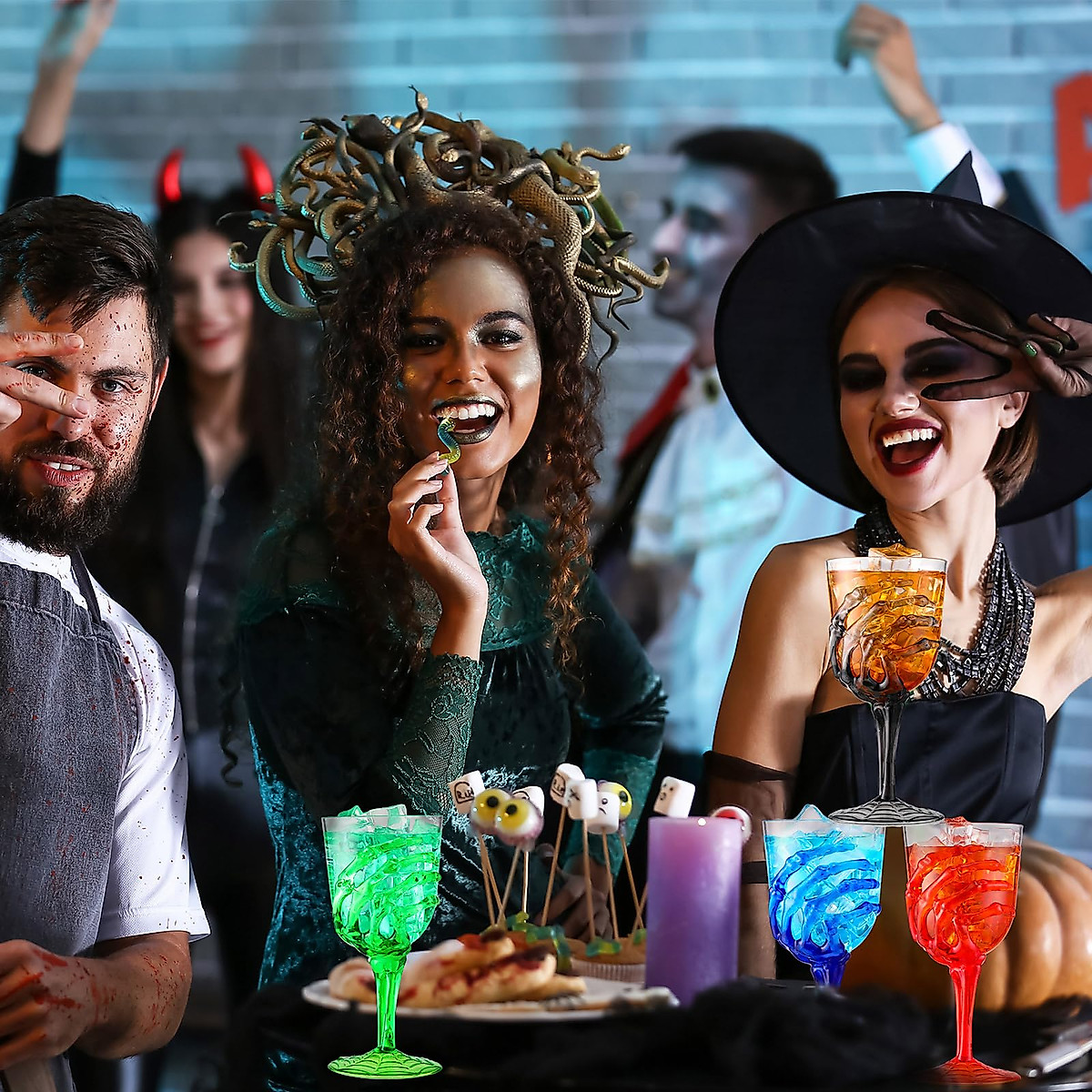 Sliner 24 Pcs Halloween Skeleton Hand Plastic Goblets 12 oz Spooky Skeleton Hand Goblets Halloween Wine Glasses Champagne Glassware Creepy Clear Cups for Halloween Party Haunted House, 4 Color