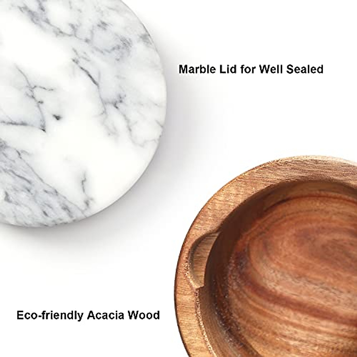 KITCHENDAO Large Acacia Salt Cellar Box Bowl with Built-in Spoon and Marble Lid, Solid Natural Acacia Wood Bath Sea Salt Container, Grey Marble Lid, Pepper Sealer Pinch Bowl, 10oz Capacity