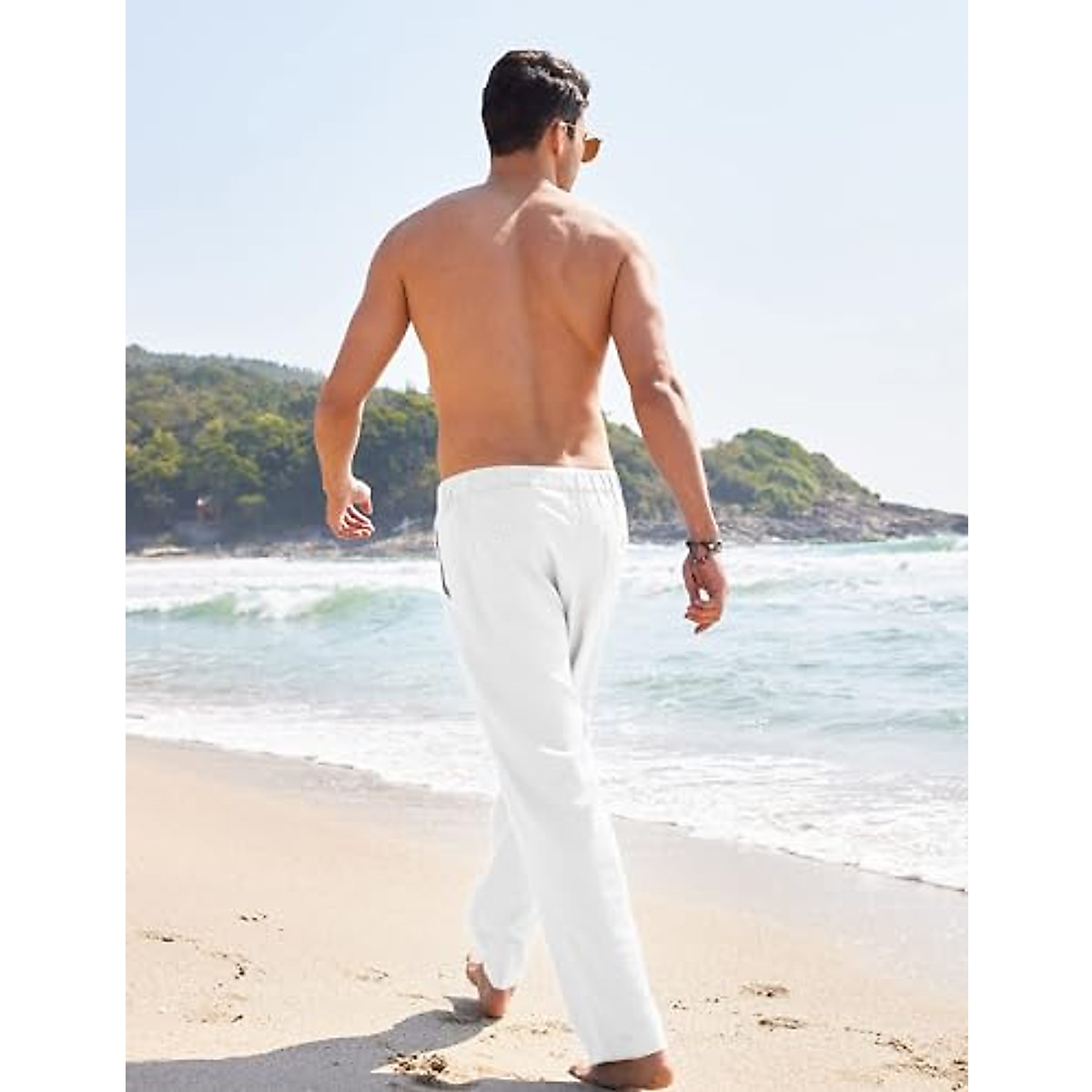 COOFANDY Mens Linen Loose Pants Lightweight Elastic Waist Summer Trouser Yoga Beach Pant with Pockets White Small
