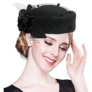 Z&X Wool Felt Veil Fascinator Pillbox Hats for Women Winter Tea Party Church Derby Hat Flower Beret Fedoras Black, One Size