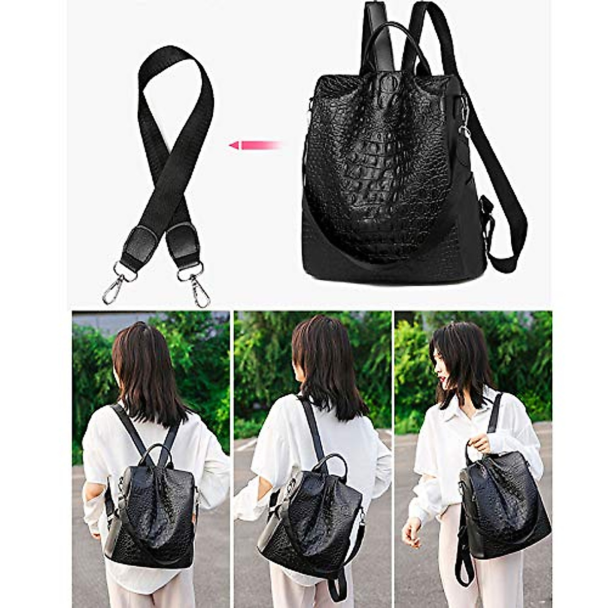 Monique Women Medium Crocodile Pattern PU Leather Backpack Anti-theft Back Zipper Closure Daypack Convertible Shoulder Bag