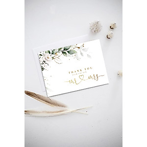 AMNADOF 100 Wedding Thank You Cards with Envelopes & Stickers | Bulk Mr and Mrs Thank You Notes Blank on the Inside | Greenery & Gold Foil Thank You From the New Mr & Mrs.