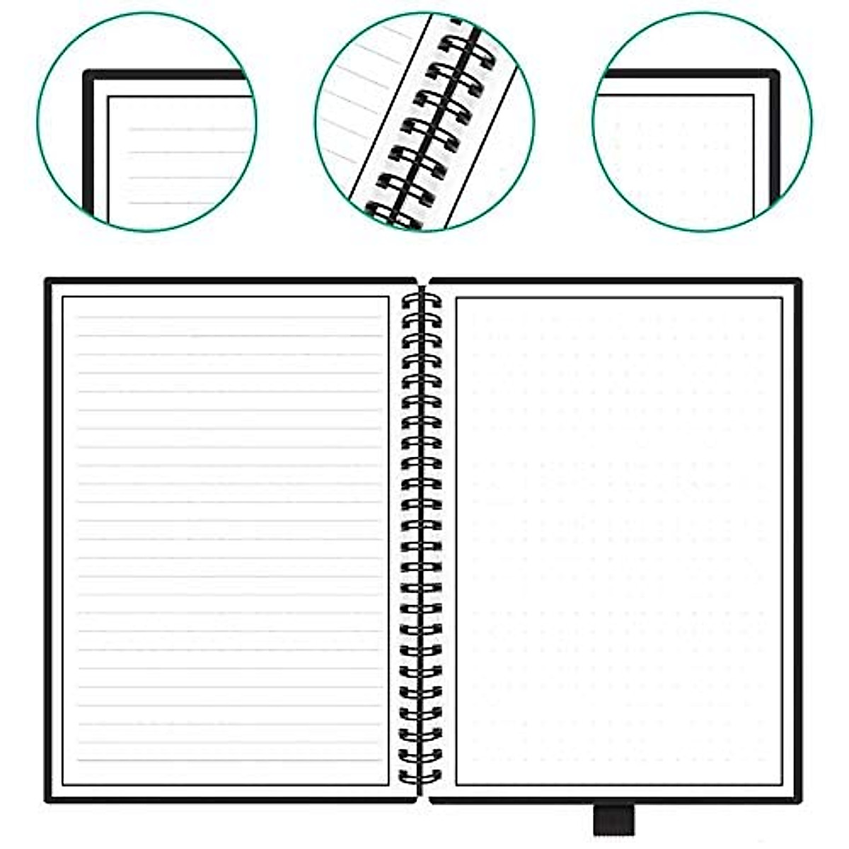 GOTTOWOW Reusable Smart Erasable Notebook, Heat Wet Erase, Waterproof, Wire bound Notebook, Spiral Notebook, Wide Ruled Paper, Blank Paper, Erasable Pen, Cloud Storage, 62 Pages, A5 (black 1)