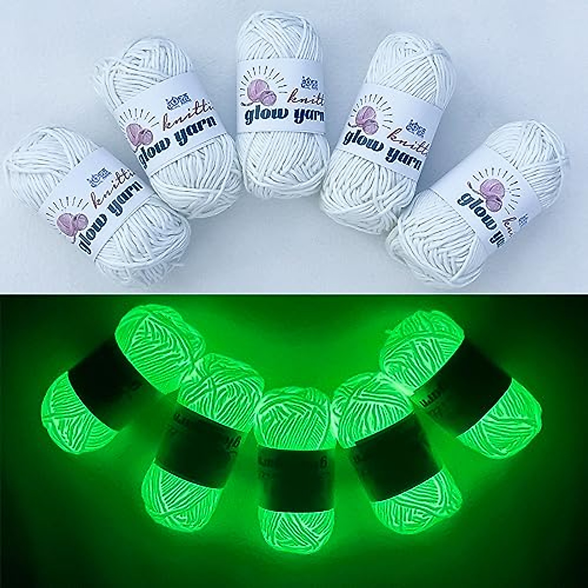 Bulingbuling Glow in The Dark Yarn, Crochet Yarn for Crocheting,Yarn for DIY Art,Knitting, Crocheting, and Crafts-5 Pack of 260g/9oz- 275 Yards White