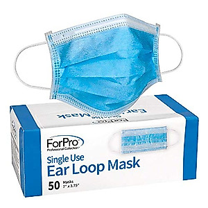 ForPro Single Use Ear Loop Mask, 3-Ply Disposable Non-Woven Face Mask, Latex-Free, Hypoallergenic, Fiberglass-Free, Protects Against Pollen, Dust, 50-Count