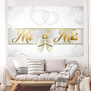 Mr & Mrs Backdrop Banner Silver Bridal Shower Wedding Theme Party Decorations Photography Background Supplies for Women Men, Multicolor
