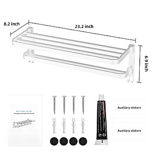 Foldable Towel Rack, Wall Mounted with 2 Bars and Hooks, 23.6" (White)
