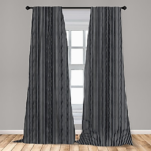 Ambesonne Pinstripe Window Curtains, Monochrome Black and White Design White Thin Uneven Lines on Dark Backdrop, Lightweight Decor 2-Panel Set with Rod Pocket, Pair of - 28" x 84", Black White