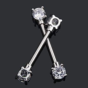 Pair of 14G Stainless Steel Nipple Rings Cubic Zirconia Tongue Ring Piercing Barbell Bar Body Jewelry for Women (Silver)