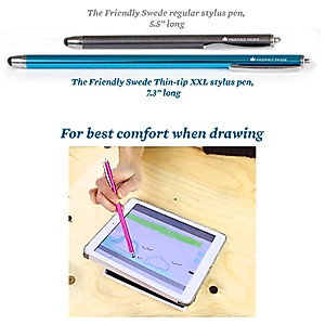 The Friendly Swede Extra Long Stylus Pen for Touchscreen — Set of 3 Thin-Tip High Precision Capacitive 7.3" Stylus Pens; Incl. Elastic Lanyards, 3 Replaceable Tips & Cleaning Cloth - Pink/Purple/Blue