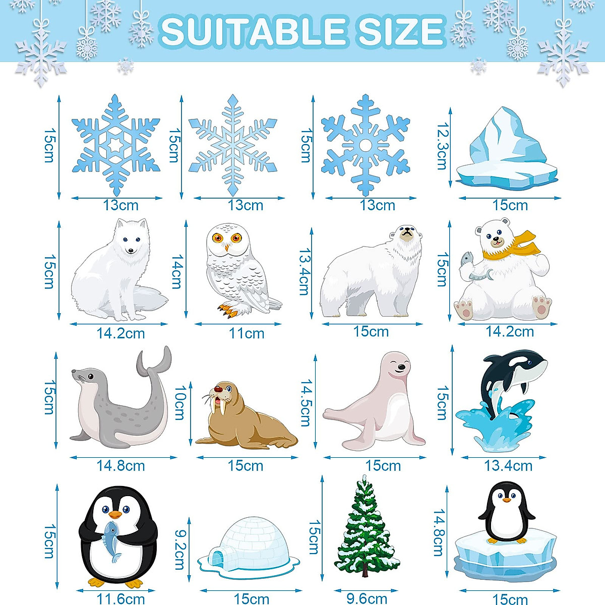48 Pieces Winter Cutouts Christmas Classroom Bulletin Border Decoration with Glue Point Snowflake Penguin Snowman Cutouts for Winter Xmas Bulletin Board Classroom Home Office Decor (Animal)