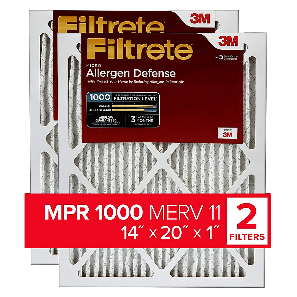 Filtrete 14x20x1 AC Furnace Air Filter, MERV 11, MPR 1000, Micro Allergen Defense, 3-Month Pleated 1-Inch Electrostatic Air Cleaning Filter, 2 Pack (Actual Size 13.781 x 19.781 x 0.84 in)