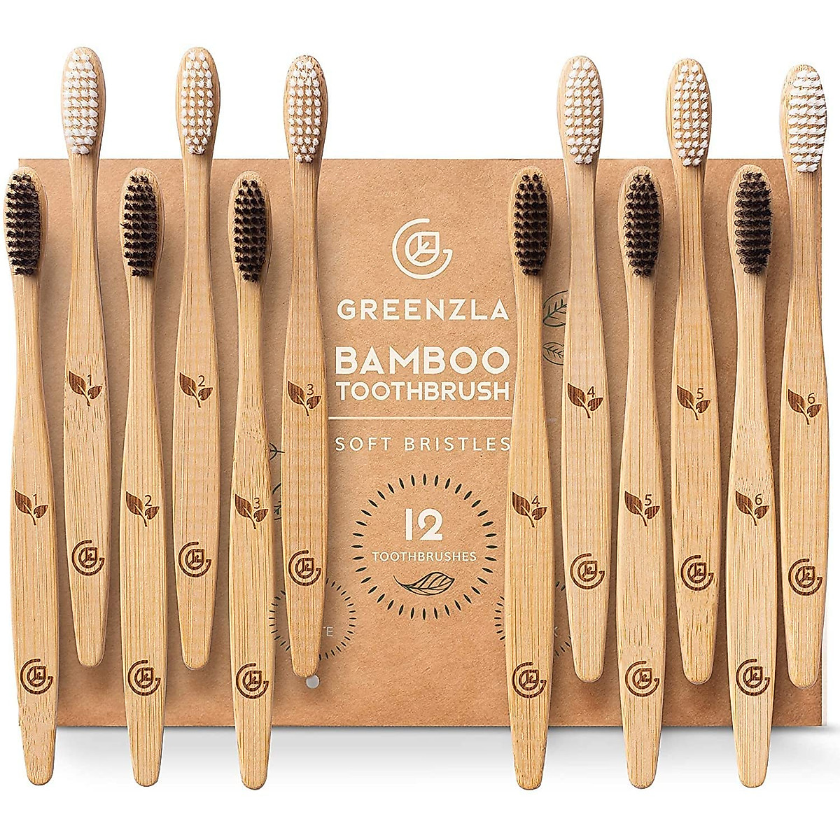 Greenzla Biodegradable Bamboo Toothbrushes, 12 Pack Sturdy BPA Free Soft Bristles Toothbrushes for Adults with Toothbrush Travel Case & Charcoal Dental Floss, Organic & Compostable Wooden Toothbrushes