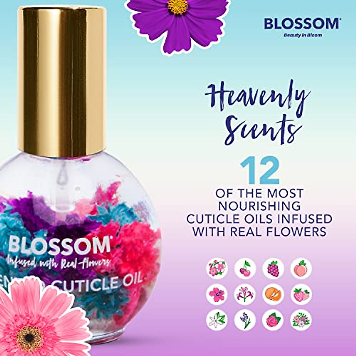 Blossom Hydrating, Moisturizing, Strengthening, Scented Cuticle Oil, Infused with Real Flowers, Made in USA, 0.42 fl. oz, Grape