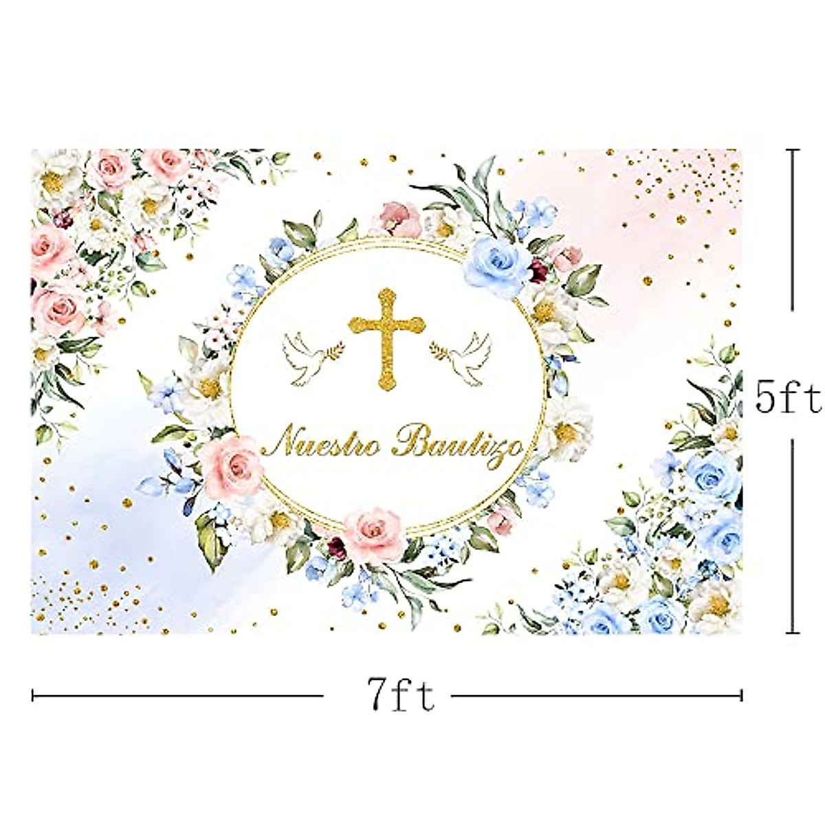 MEHOFOND 7x5ft Nuestro Bautizo Backdrop for Boys and Girls Pastel Pink Blue Floral Baptism First Holy Communion Photography Background Gold Cross Peace Doves Christening Photo Banner