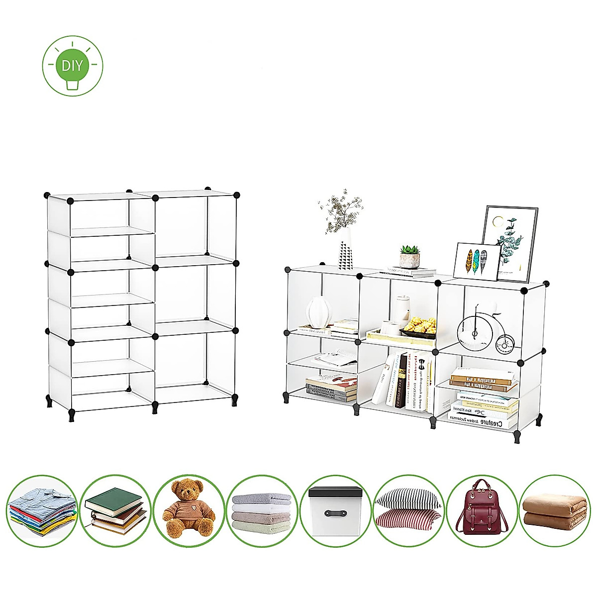 FUNLAX Cube Storage Organizer, Plastic Storage Cube with Divider Design, Interlocking Closet Organizer and Storage Shelves, DIY Square Closet Cabinet Shelves Bookshelf for Bedroom Home Office White