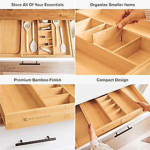 KitchenEdge Adjustable Kitchen Drawer Organizer for Utensils and Junk, Expandable to 33 Inches Wide, 9 Compartments, 100% Bamboo