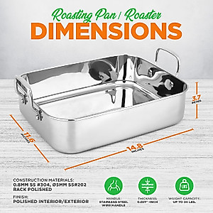 Roasting Pan with Polished Rack, Wide Handle, and Stainless Steel Lid, Turkey Chicken Roasting Pan Great for Thanksgiving Dinners, Tender Roast, Deep Dishes, and More