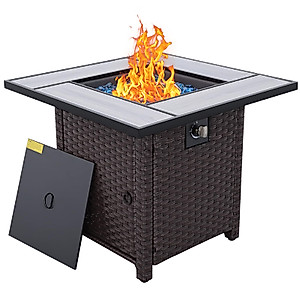 WAROOM Propane Fire Pit, 30 Inch Outdoor PE Wicker Gas Fire Pit Table with Fire Glass, and Waterproof Cover, for Parties and Gatherings on Patio Garden Backyard Porch