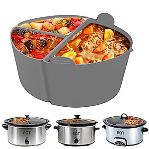 LARMAZEN Silicone Slow Cooker Liners for 6 QT Crock pot & Hamilton Pot, Allows Cooking 3 Foods At Once,Reusable Slow Cooker Divider Insert,Leakproof/Dishwasher Safe/BPA Free (Grey)