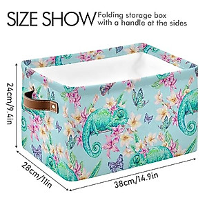 xigua Green Chameleon Storage Basket Foldable Storage Bin, Canvas Rectangular Storage Basket with Leather Handles for Home Closet & Office Decoration