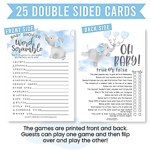 Hadley Designs Blue Elephant Baby Shower Games for Boys - 2 Games Double Sided, 25 Word Scramble for Baby Shower Ideas, 25 True Or False Baby Shower Game, Fun Baby Shower Games, Party Supplies