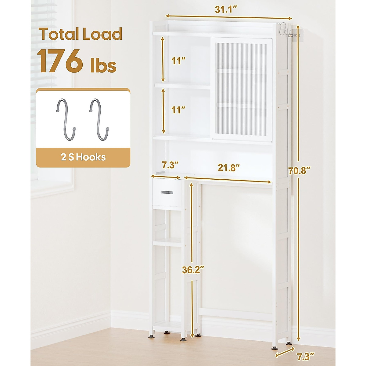 Cozivolife Over The Toilet Storage Cabinet with Acrylic Door Panel and Paper Towel Drawer, Bamboo Toilet Shelf, Organizer Rack Above Toilet for Bathroom (Without Power Strip, White)