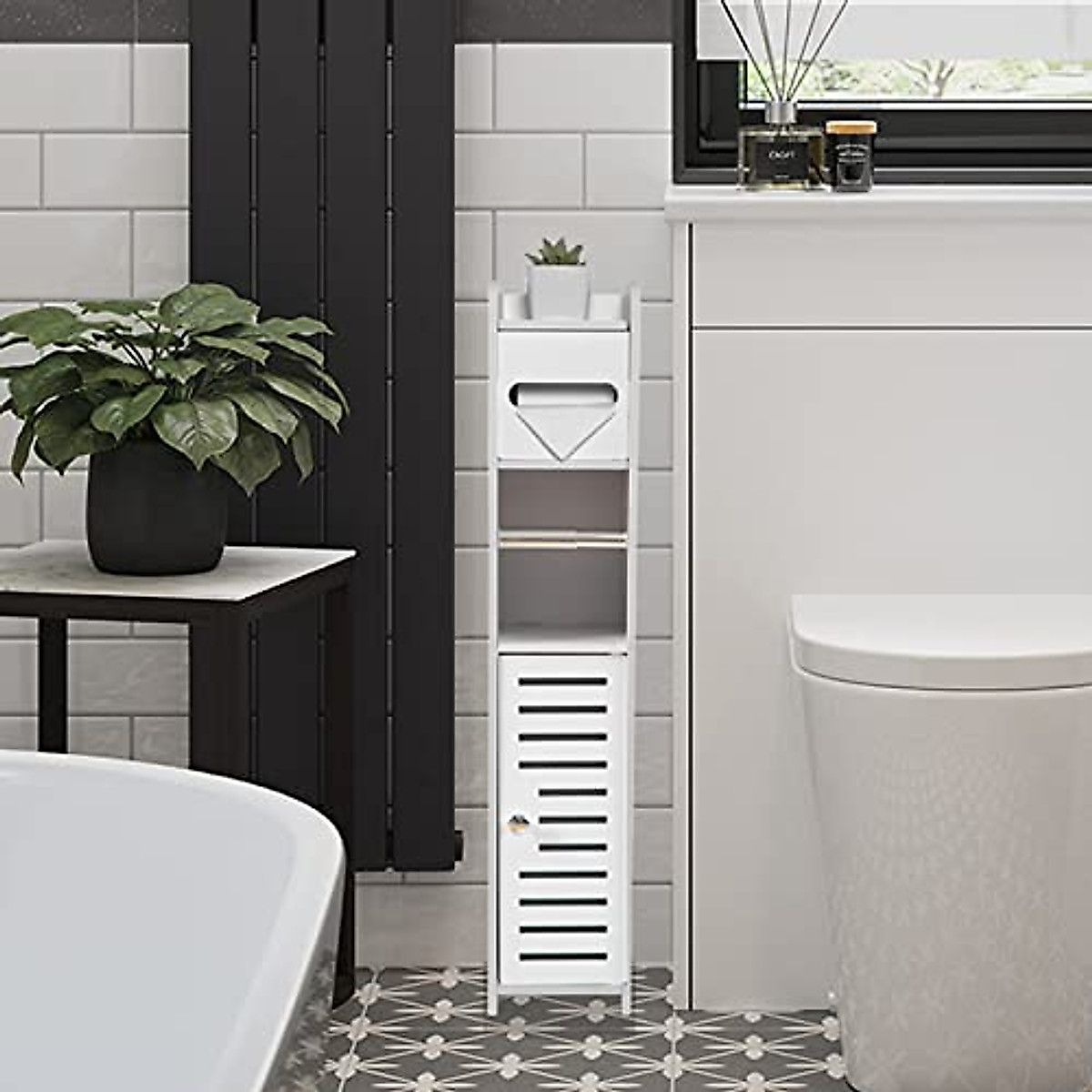 TUOXINEM Small Bathroom Storage Cabinet with One Rod for Small Spaces,Over The Toilet Storage Cabinet for Bathroom Storage,Slim Toilet Paper Storage Cabinet with 4 Tier Design,Fit Mega Roll (White)